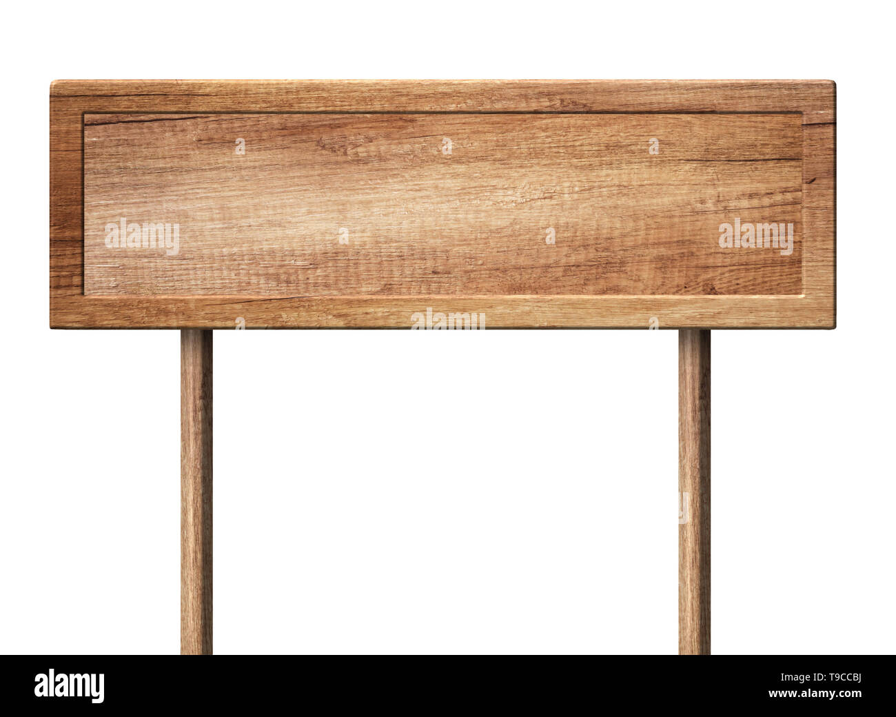 Empty oblong pole sign with frame made of natural wood. Isolated on ...