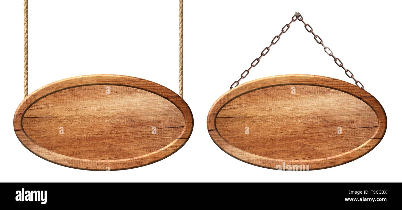 Empty oval sign made of natural wood hanging on ropes and chains ...