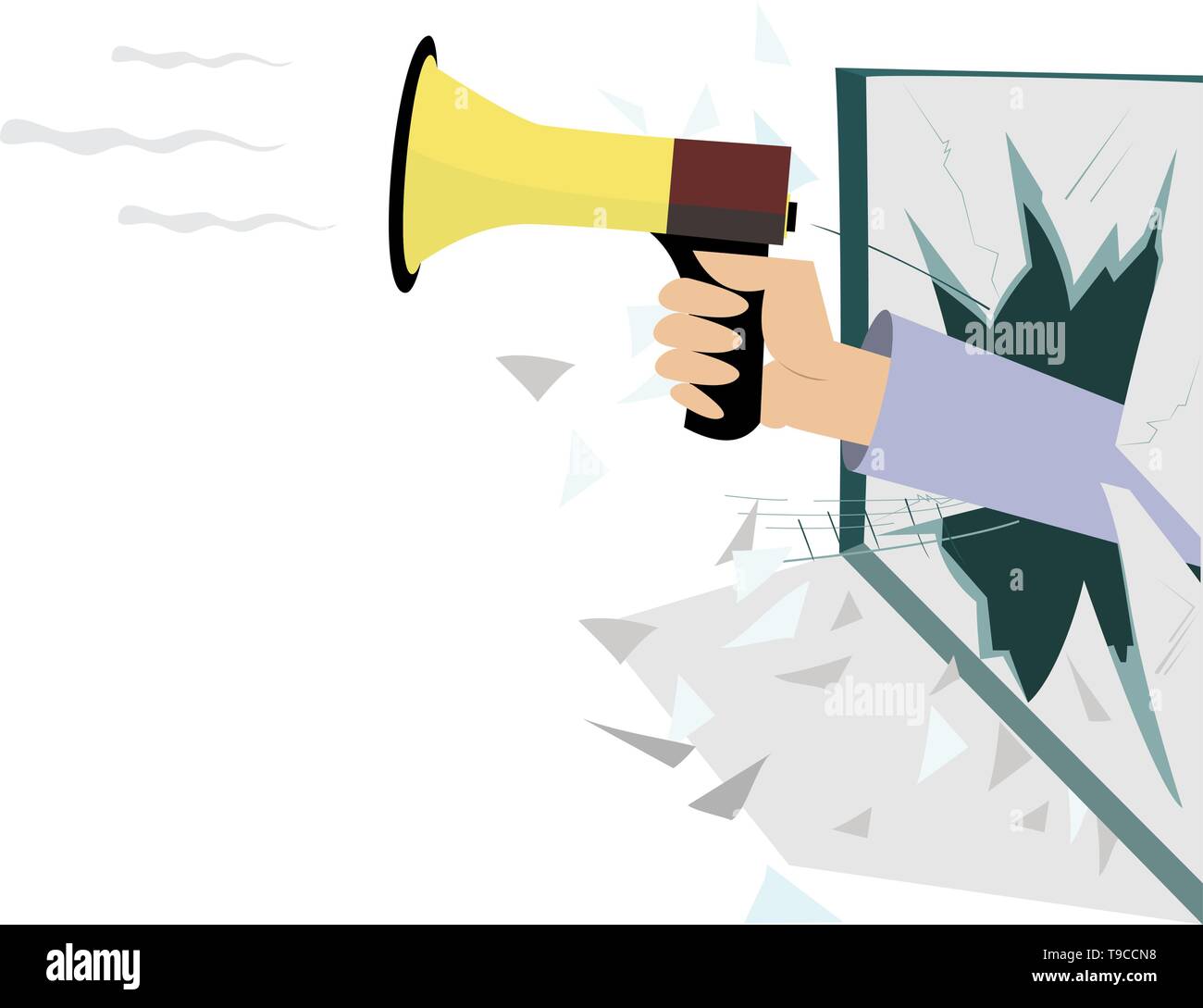 Hand with megaphone breaks the window isolated illustration. Hand with ...