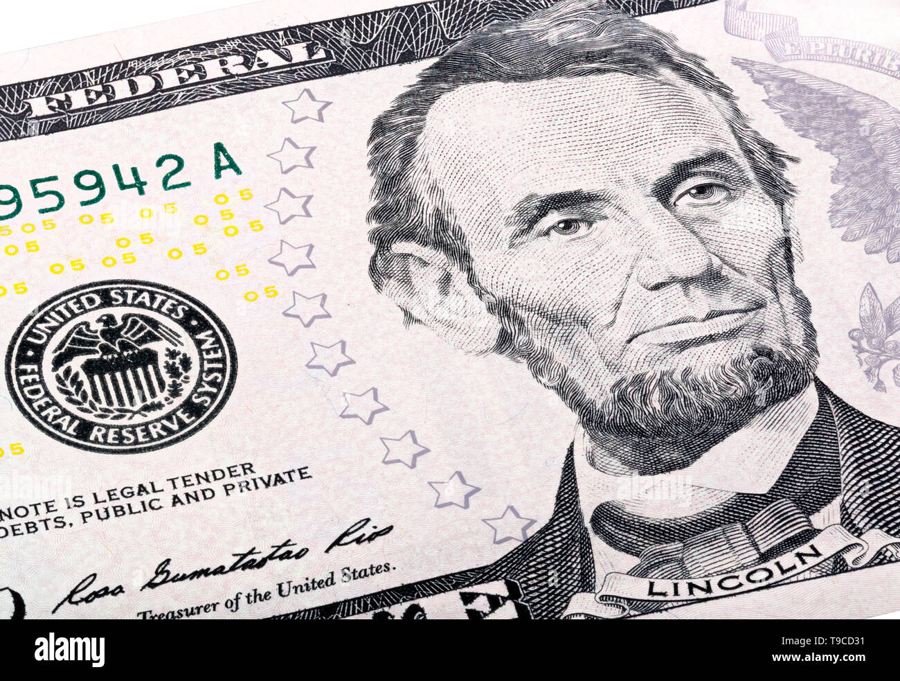 Close-up portrait of Abraham Lincoln end print of Federal Reserve ...