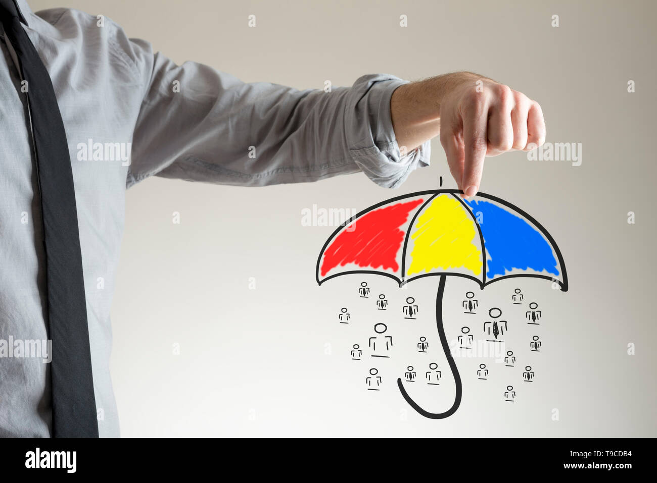 Incognito man in black tie holding umbrella over people drawing with ...
