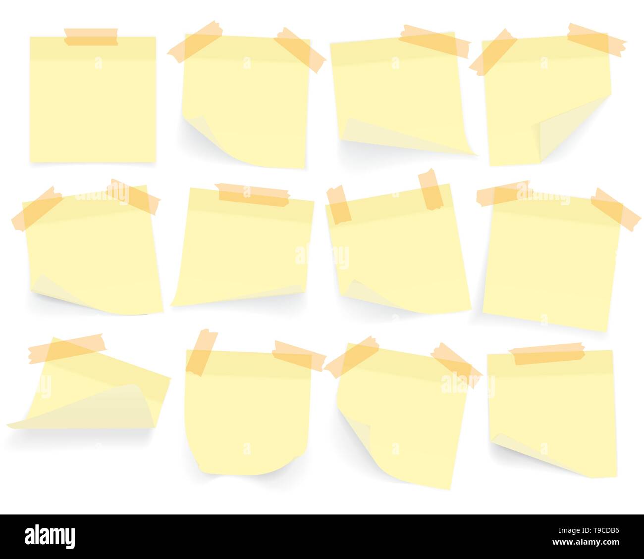 Collection of yellow colored sheets of note papers with curled corner ...