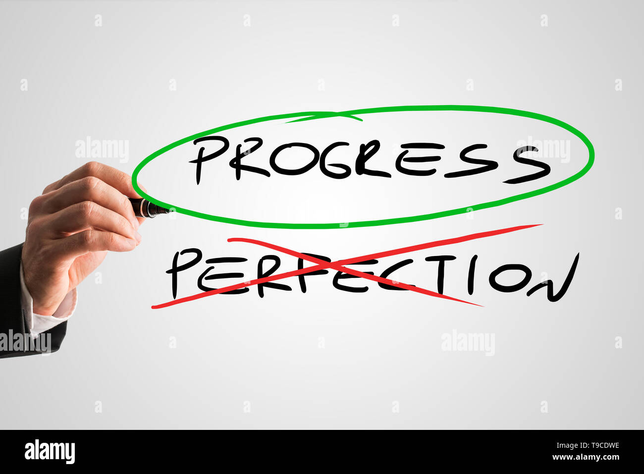 Progress - Perfection concept with a businessman crossing through the ...