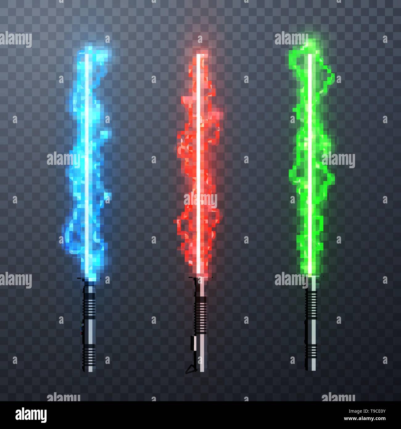 Set of three realistic electric light swords isolated on transparent ...