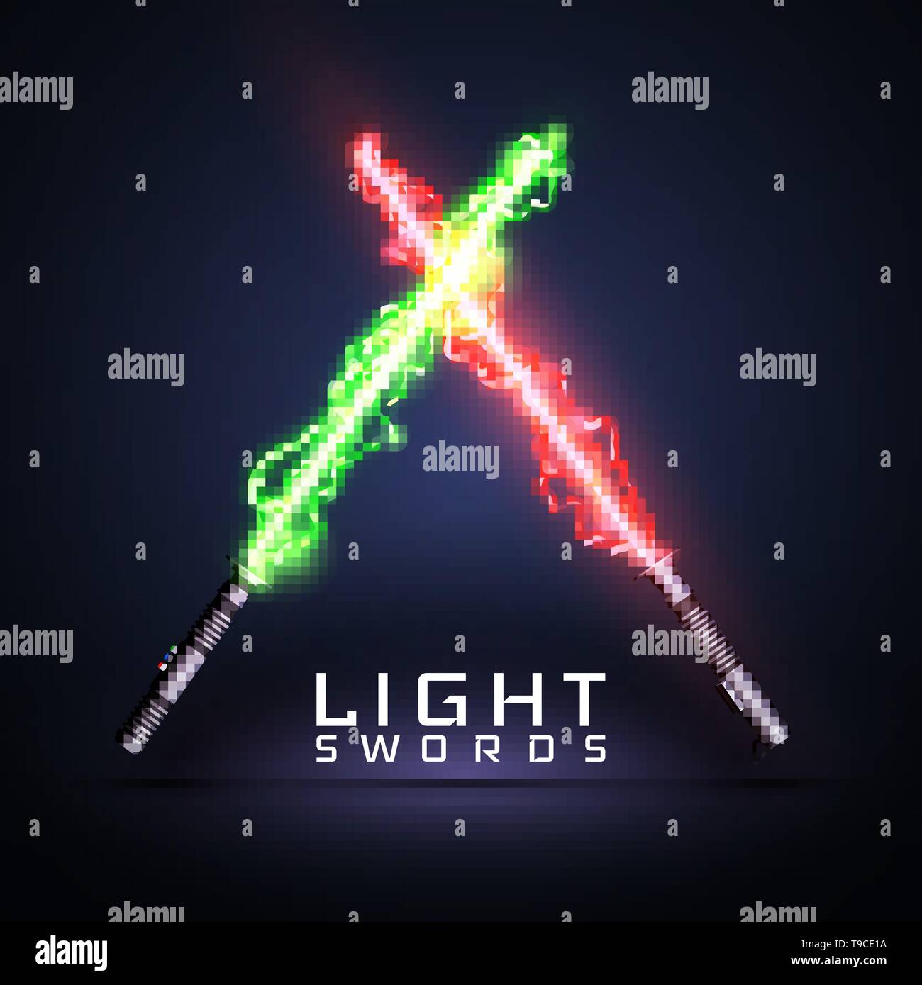 Neon electric light swords. Crossed light sabers isolated on darck ...