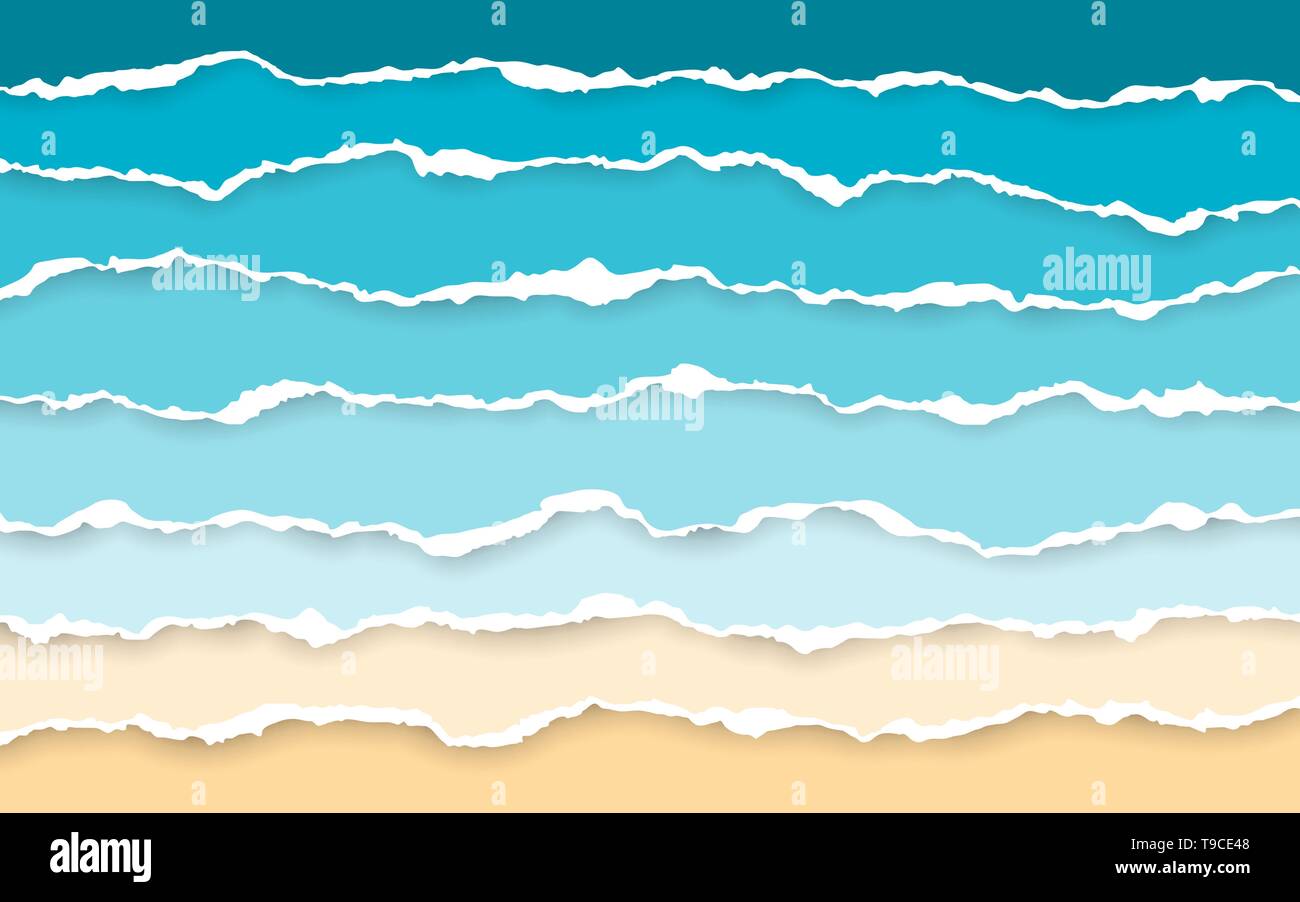 Blue sea and beach summer background. Torn paper stripes. Ripped ...