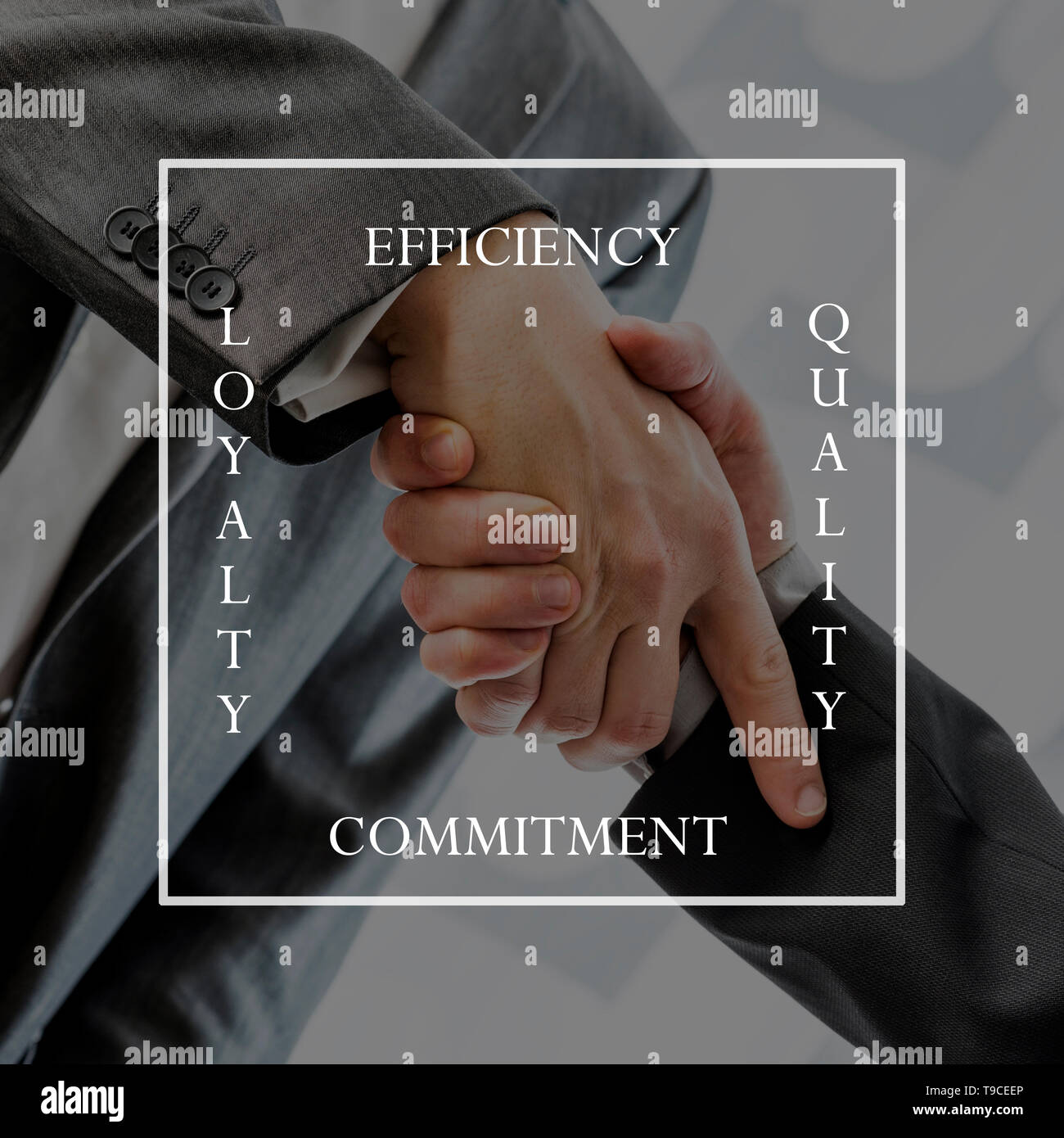 Word Efficiency, Quality, Commitment and Loyalty written in a square ...