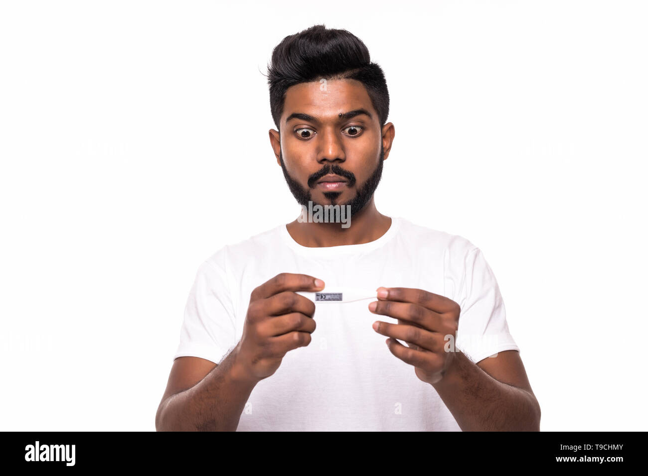 People Healthcare And Fever Concept Unhealthy Indian Man Measuring
