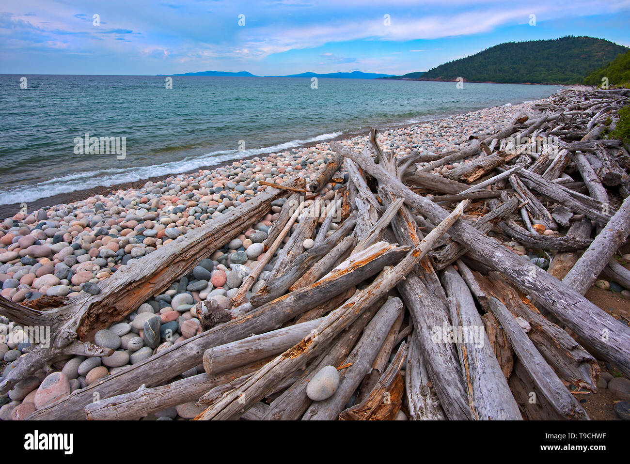 Rocks and driftwood on Pebble Beach. Lake Superior. Marathon Ontario ...