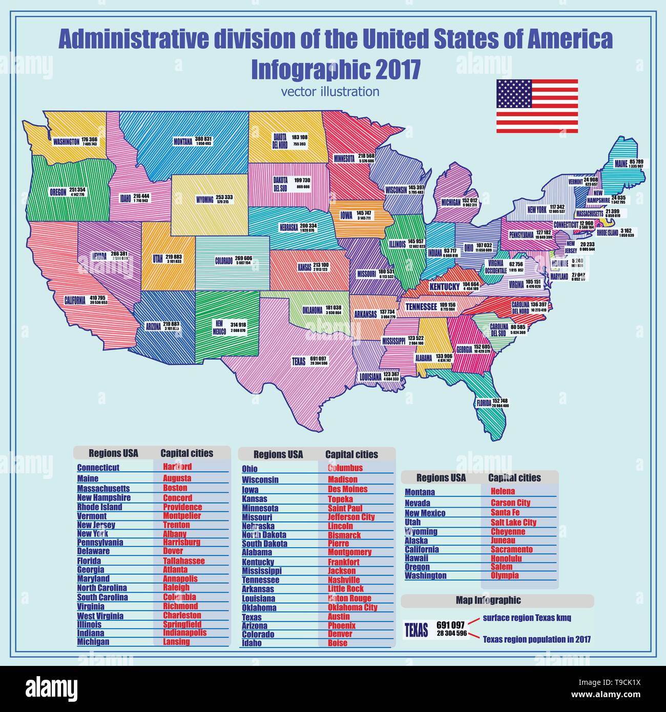 Abstract map of USA with regions and informations. Bright illustration ...