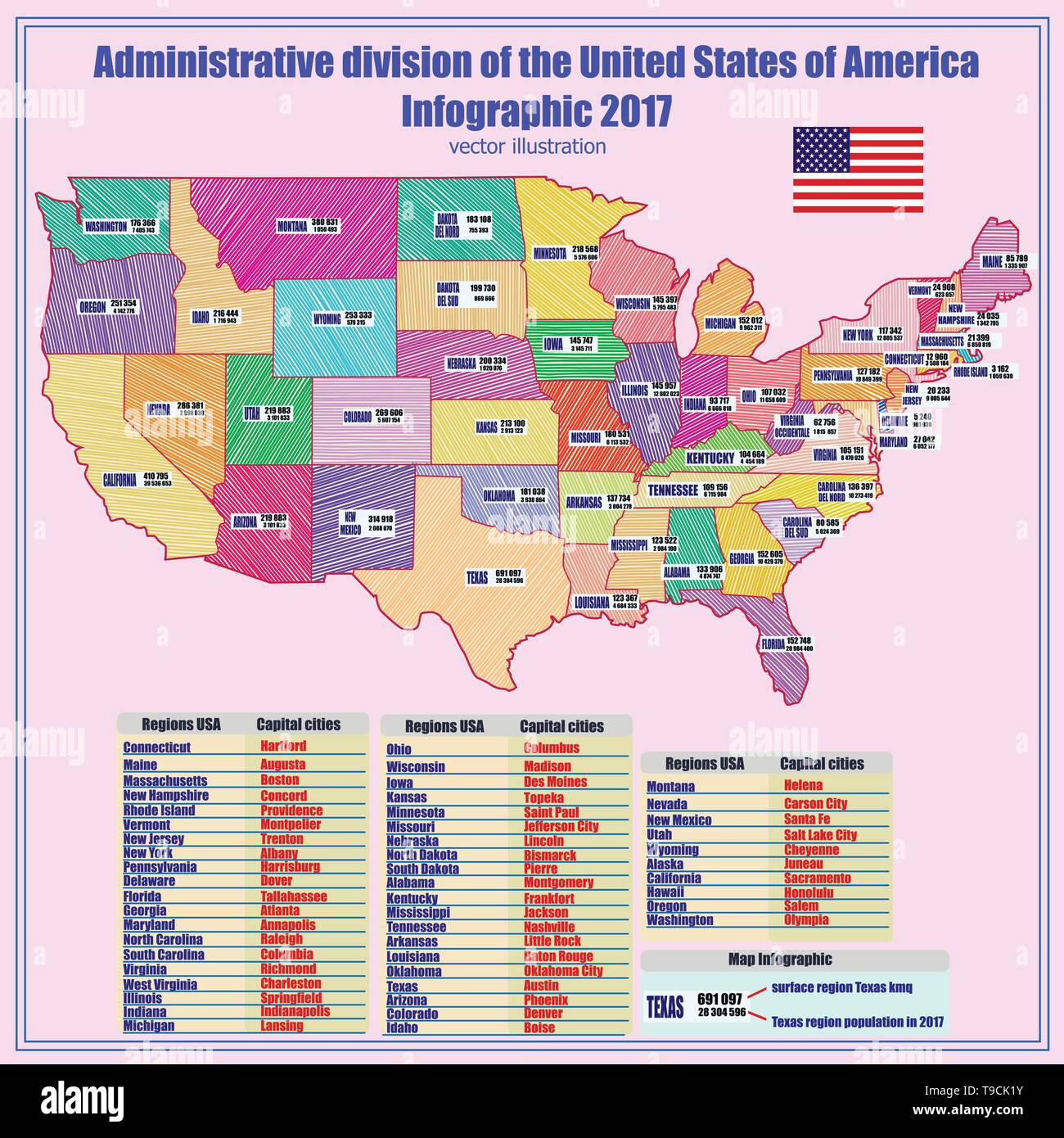 Abstract map of USA with regions and informations. Bright illustration ...