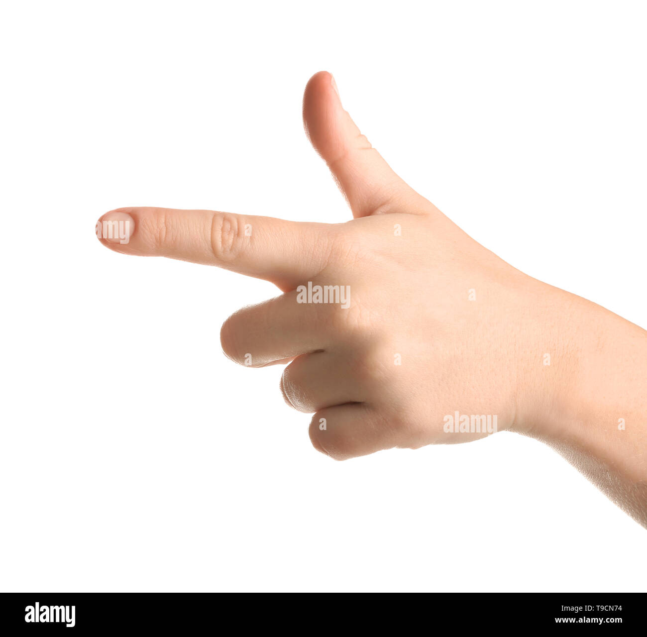 Female hand pointing at something on white background Stock Photo - Alamy