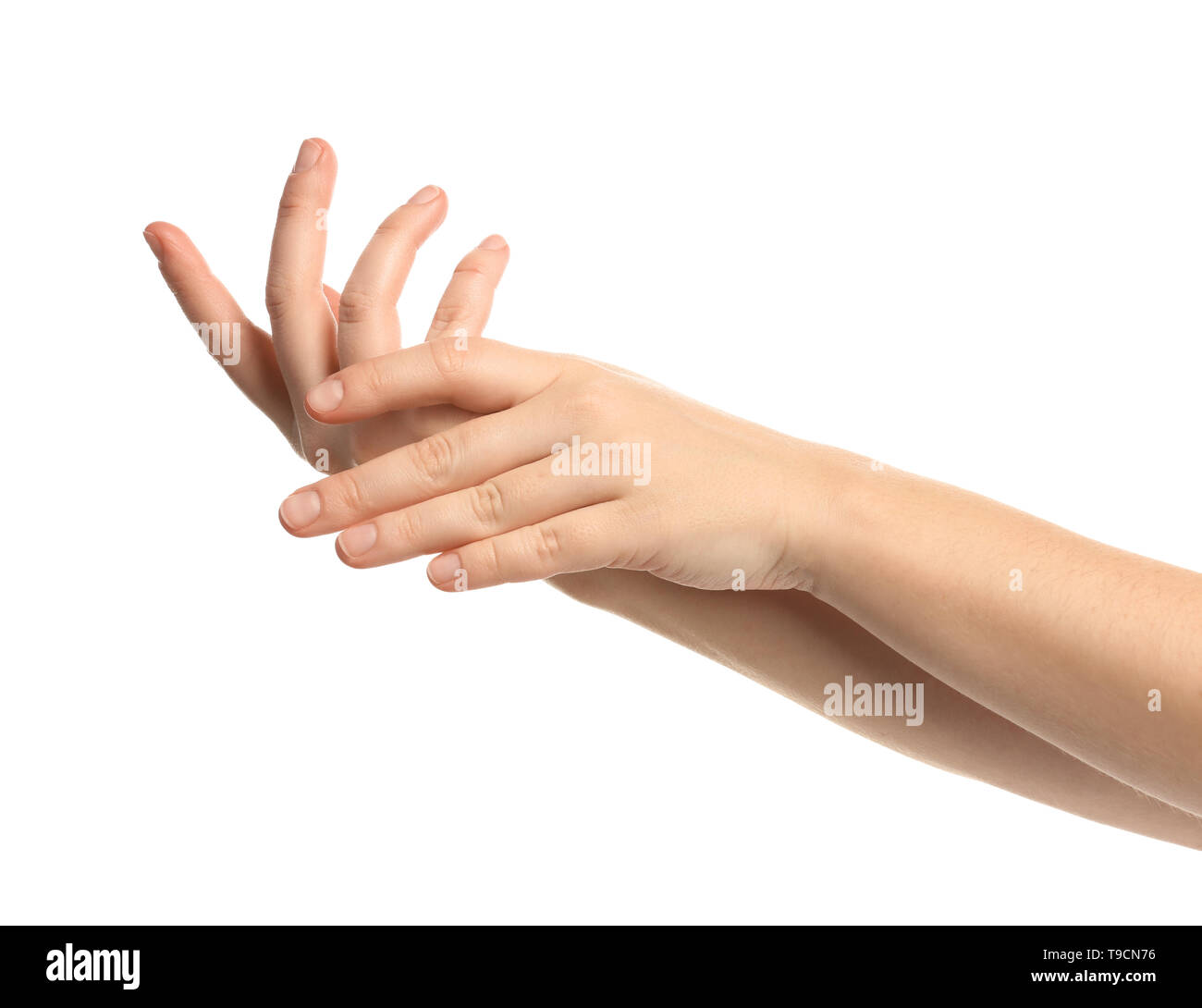 Beautiful female hands on white background Stock Photo - Alamy