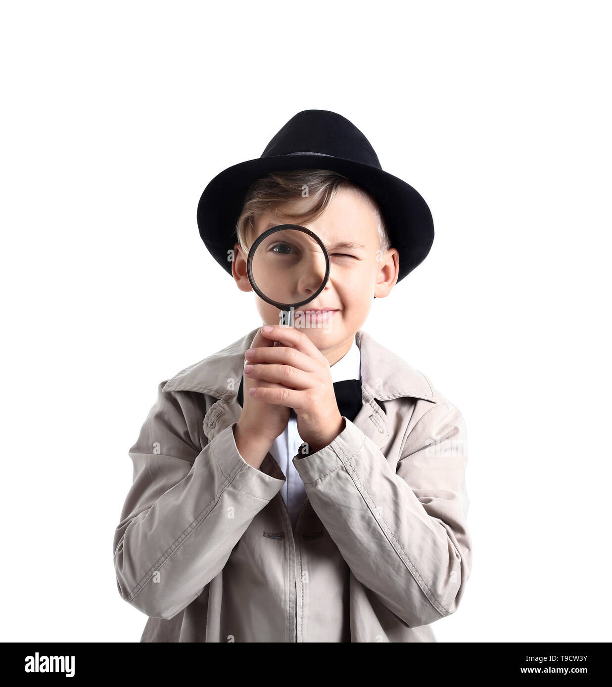 Cute little detective with magnifying glass on white background Stock ...