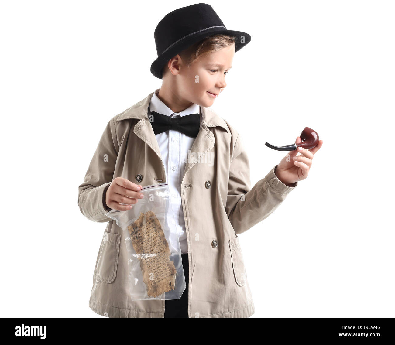 Cute little detective with evidence and pipe on white background Stock ...