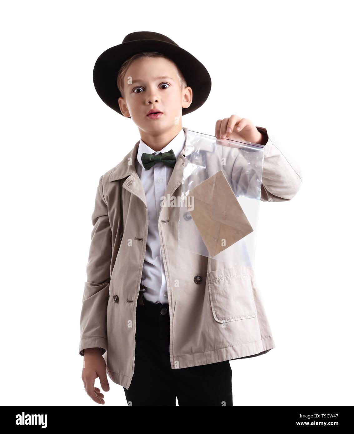 Cute little detective with evidence on white background Stock Photo - Alamy