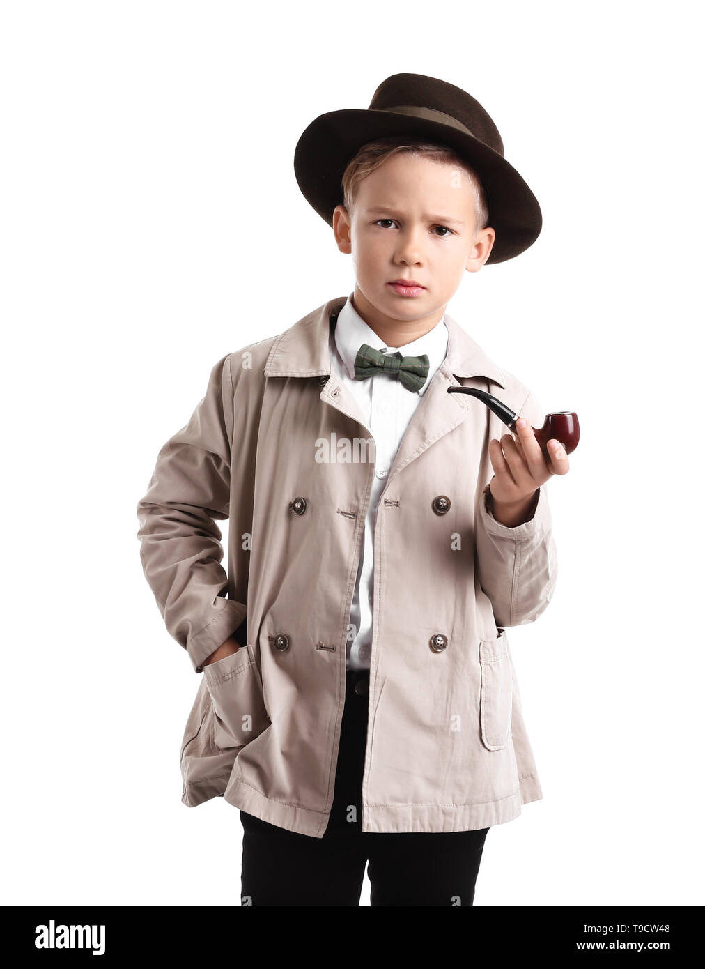 Cute little detective on white background Stock Photo - Alamy