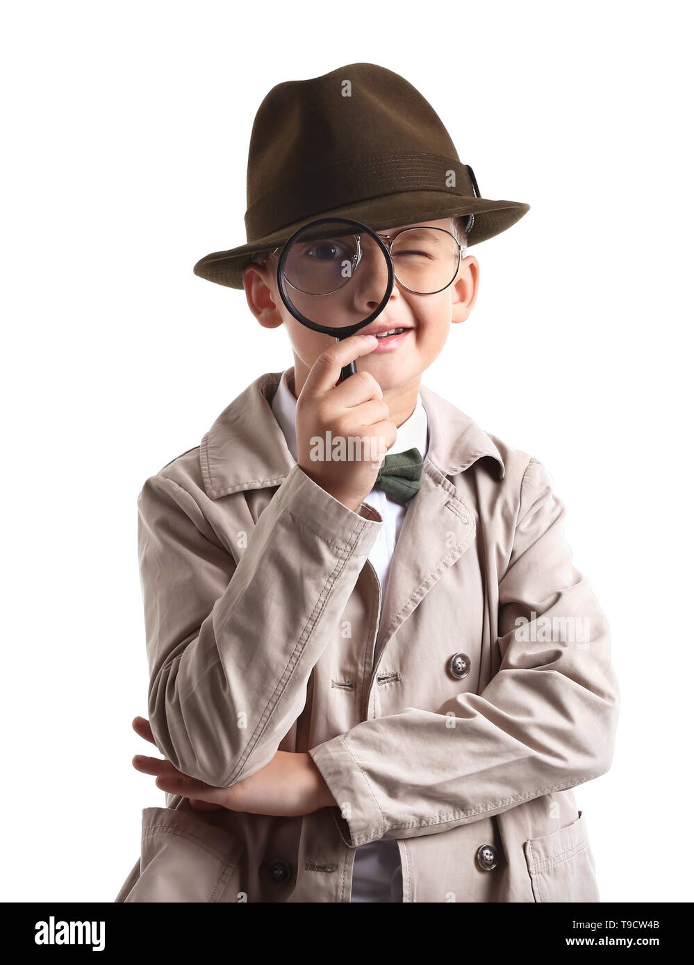 Cute little detective with magnifying glass on white background Stock ...