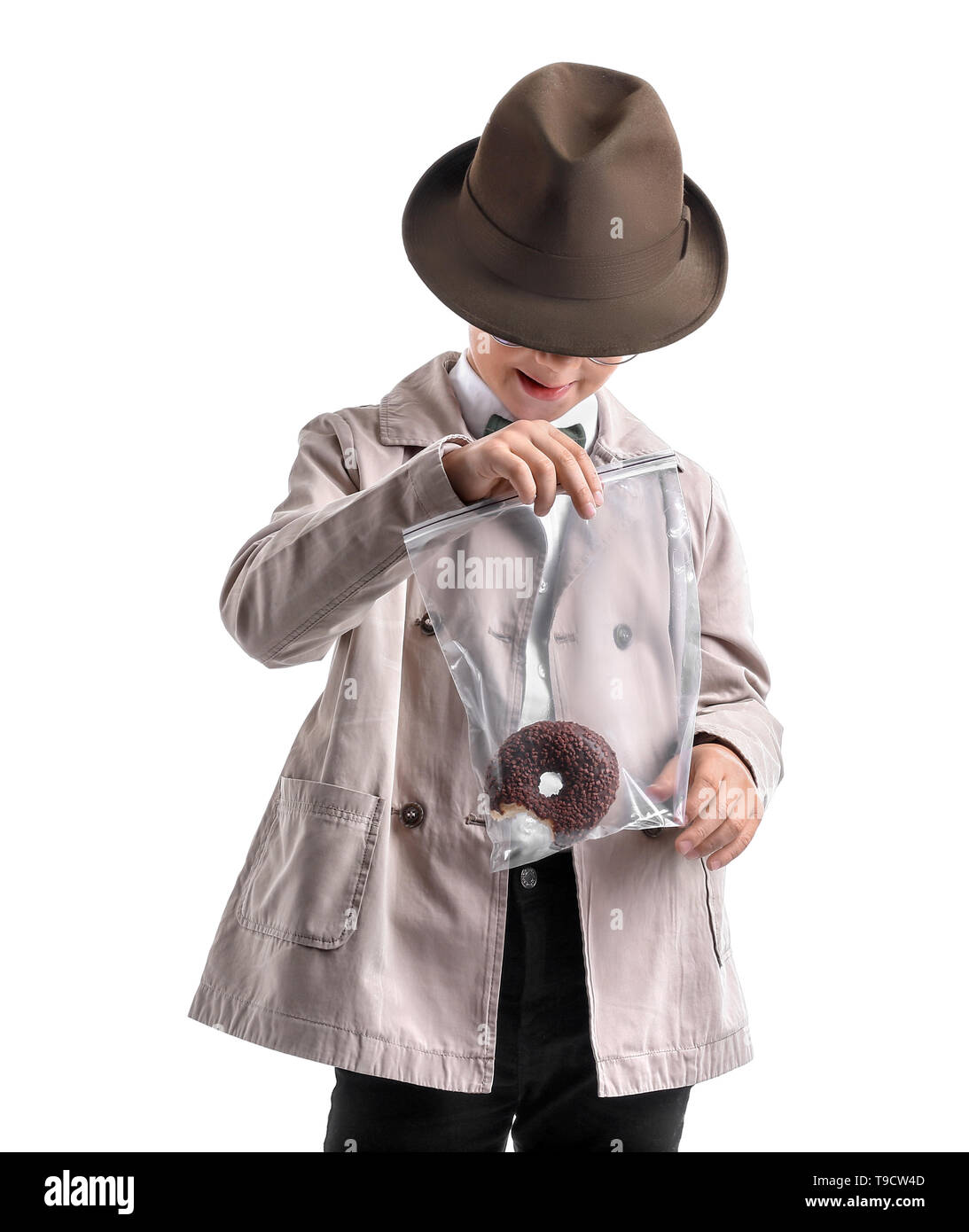 Cute little detective with evidence on white background Stock Photo - Alamy