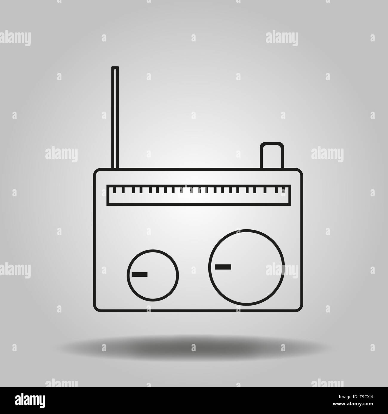 Simple flat vintage radio icon, grayscale on white background ...