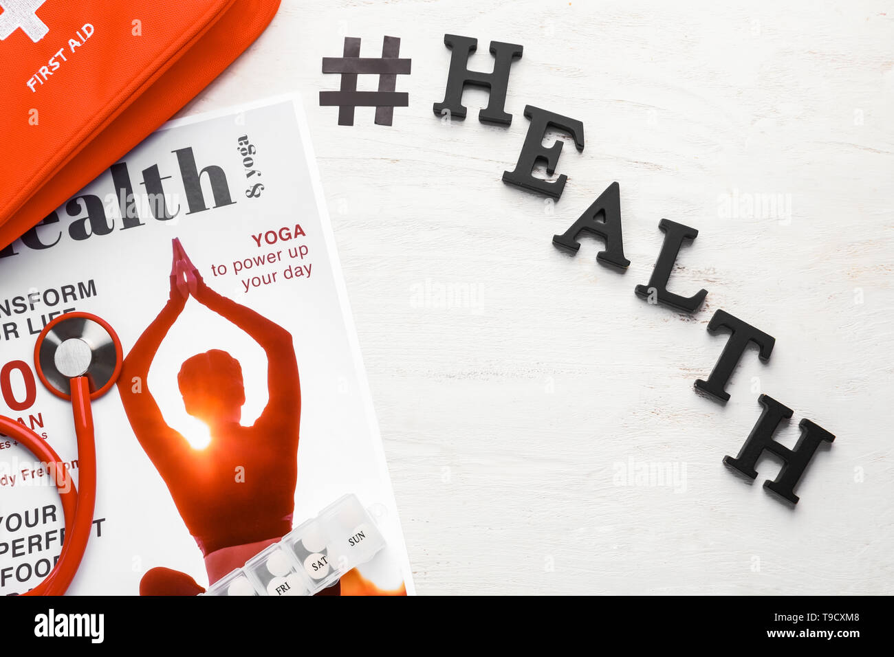 Composition with hashtag HEALTH on white wooden background Stock Photo ...