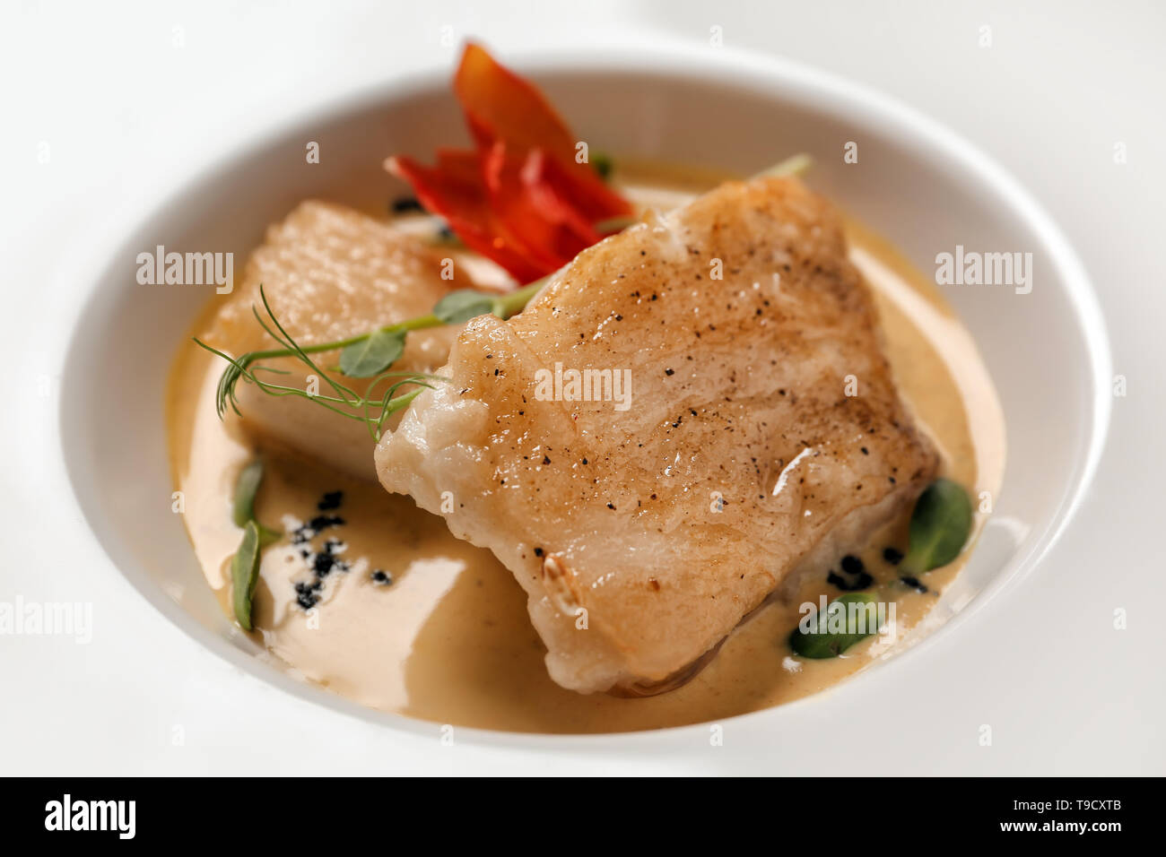 Tasty fish with sauce on plate, closeup Stock Photo - Alamy
