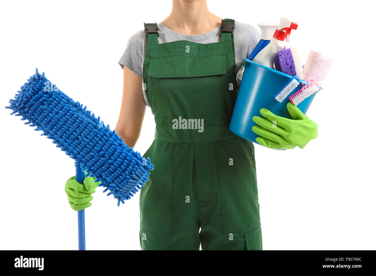 Woman with cleaning supplies on white background Stock Photo - Alamy
