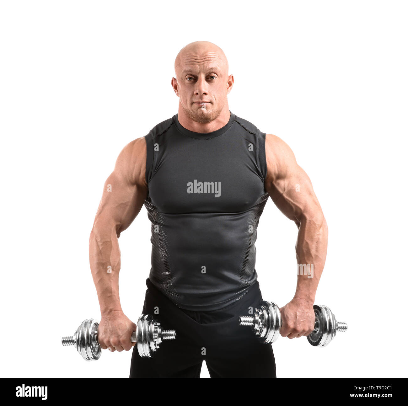 Muscular bodybuilder with dumbbells on white background Stock Photo - Alamy