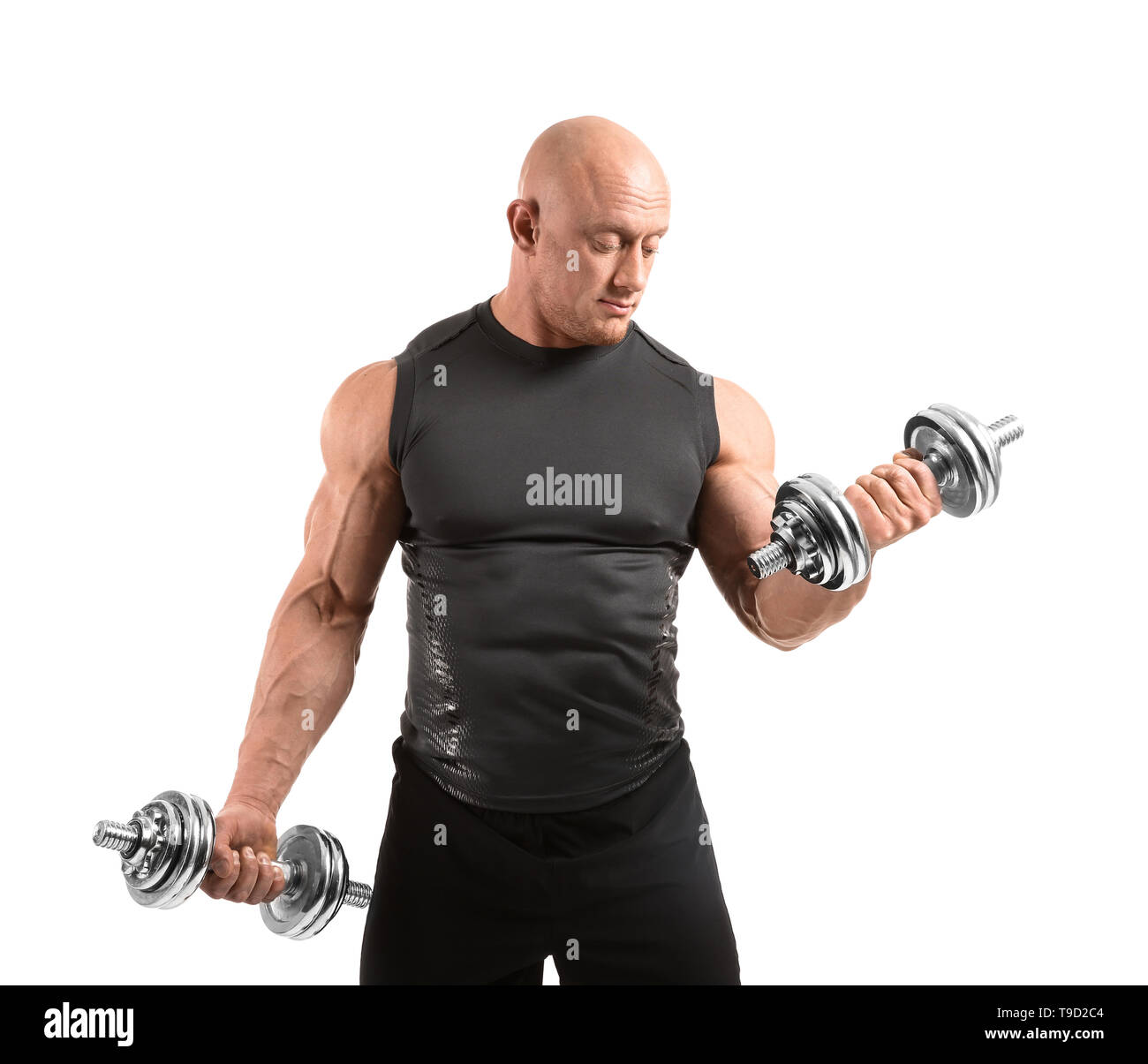 Muscular bodybuilder with dumbbells on white background Stock Photo - Alamy