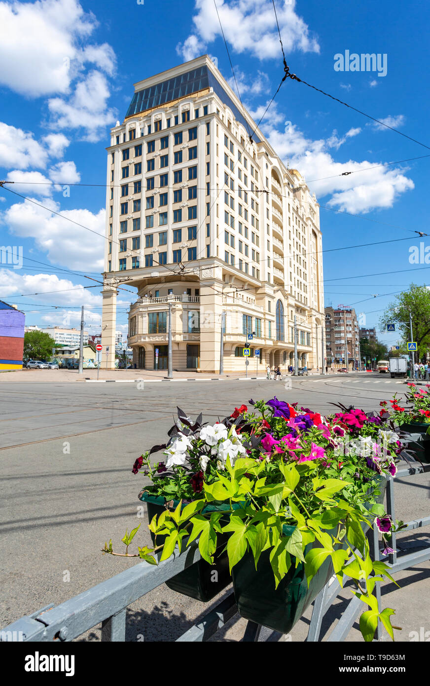 Samara, Russia - May 9, 2019: Cityscape with flowers and modern ...