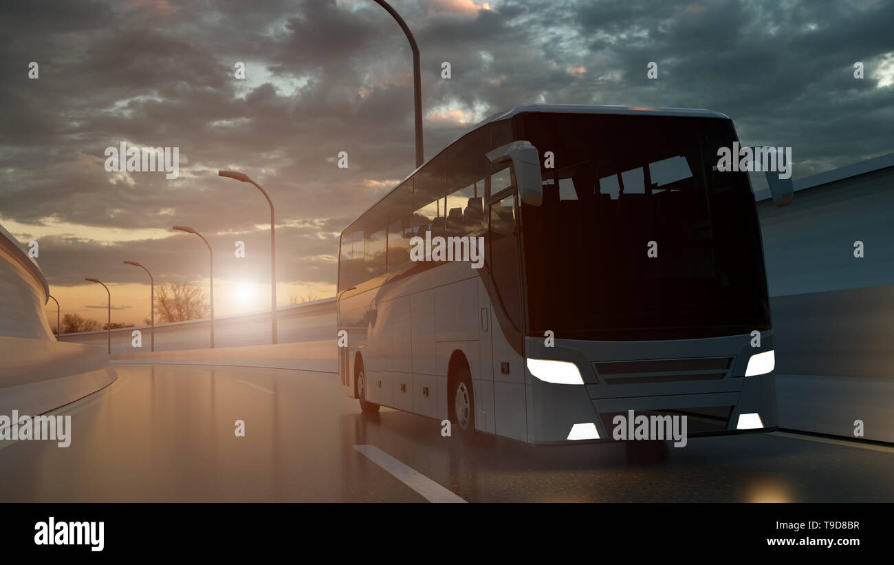 Tourist white bus driving on a highway at sunset backlit by a bright ...
