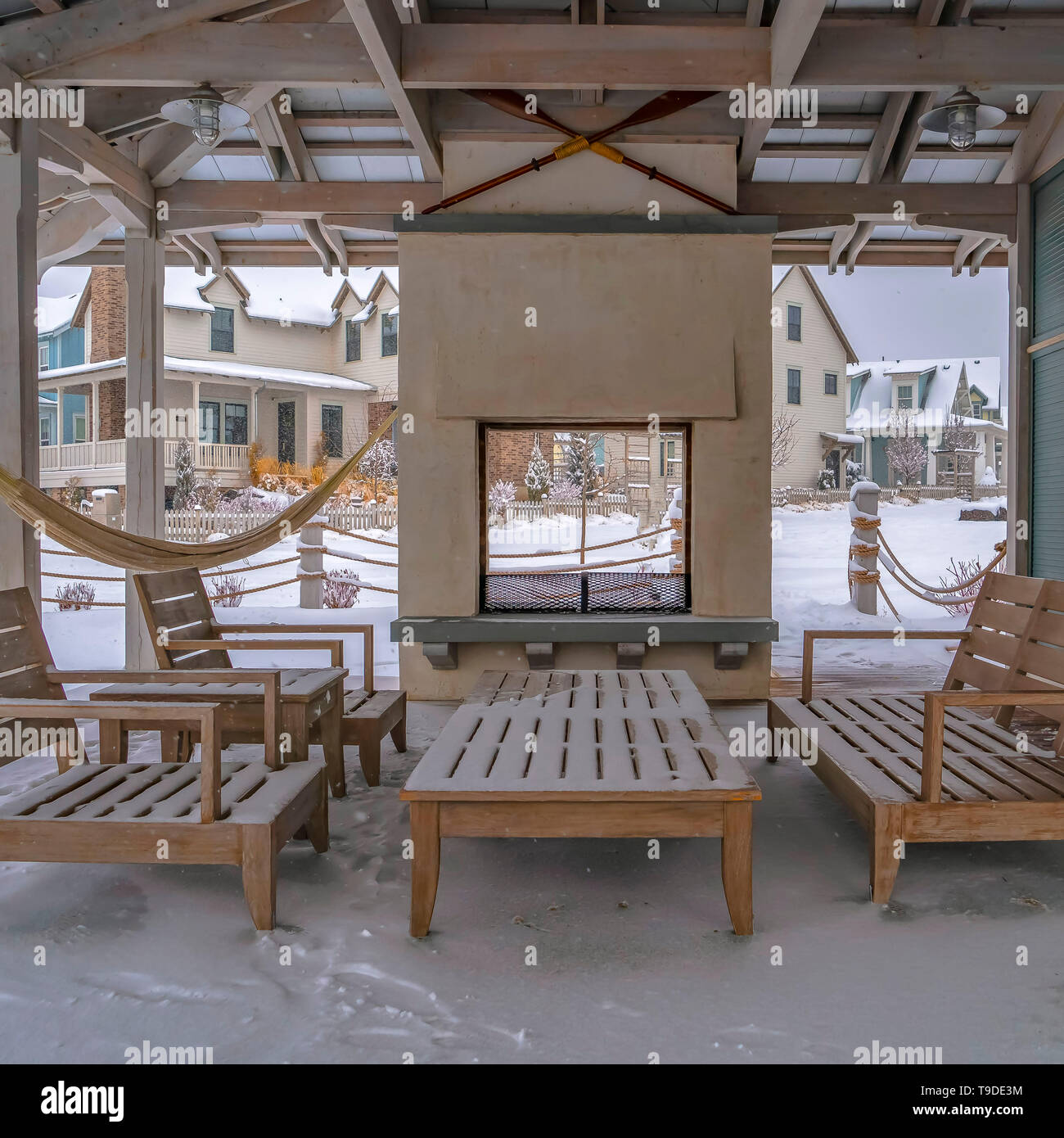 Square Seating on the snowy patio of a clubhouse in Utah Stock Photo ...