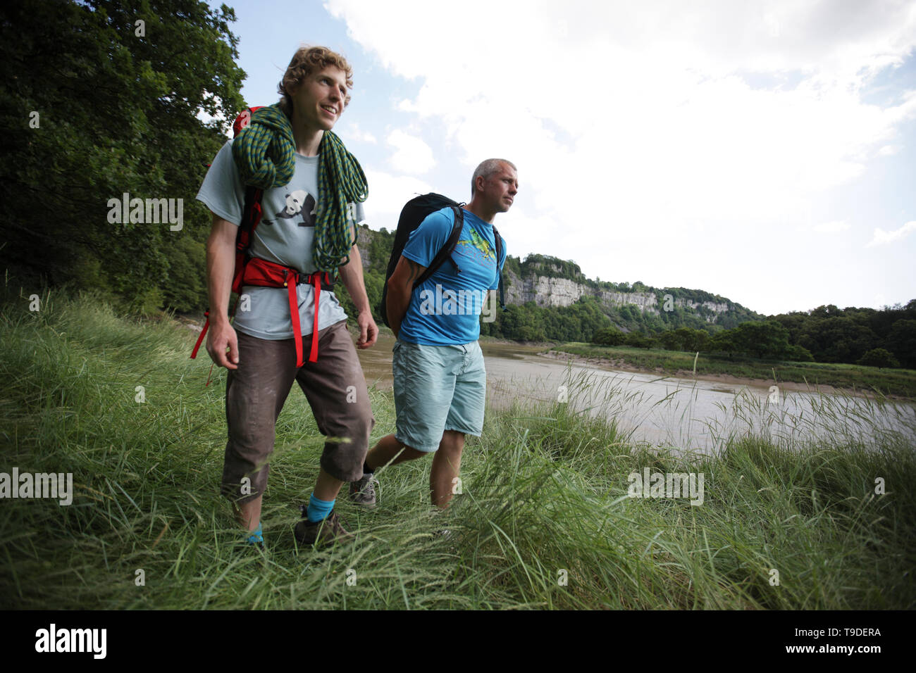 Two male climbers celebrate their successful climb at Lancaut cliffs on ...