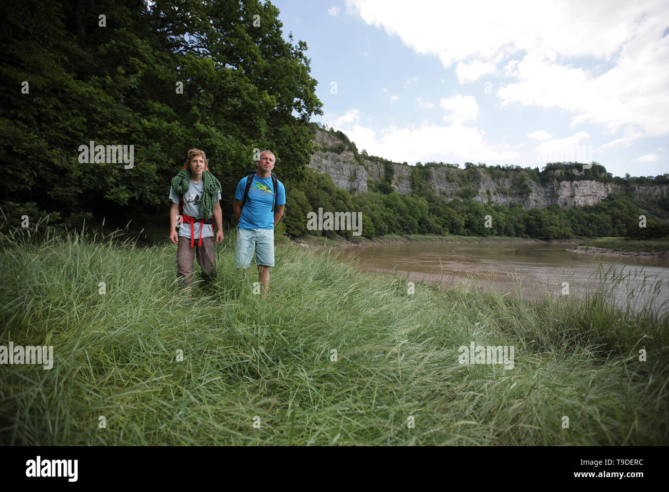 Two male climbers celebrate their successful climb at Lancaut cliffs on ...