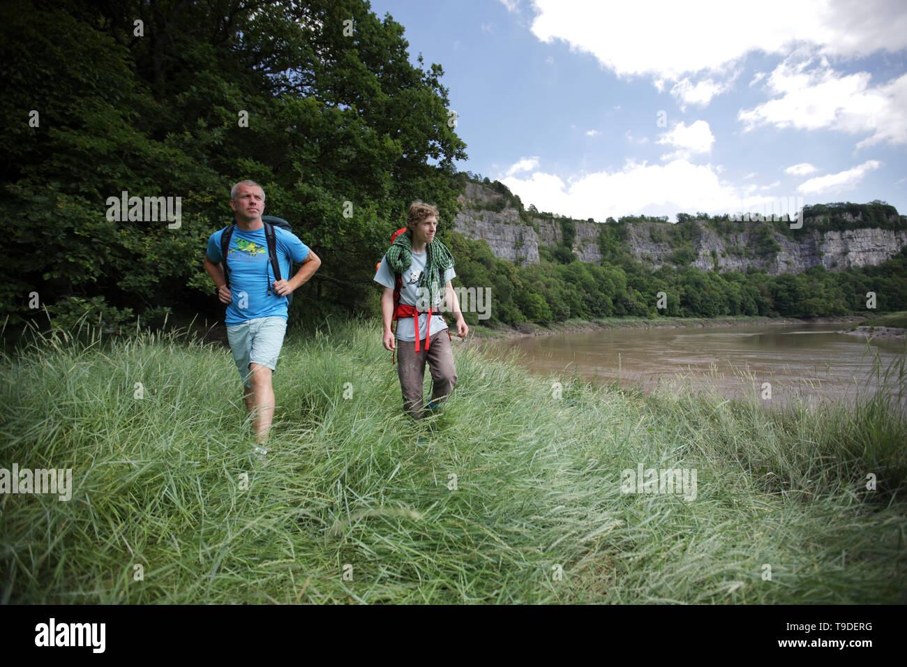 Two male climbers celebrate their successful climb at Lancaut cliffs on ...