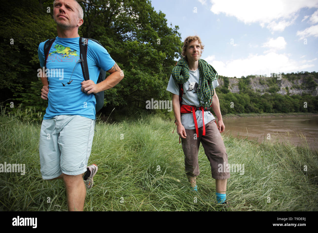 Two male climbers celebrate their successful climb at Lancaut cliffs on ...