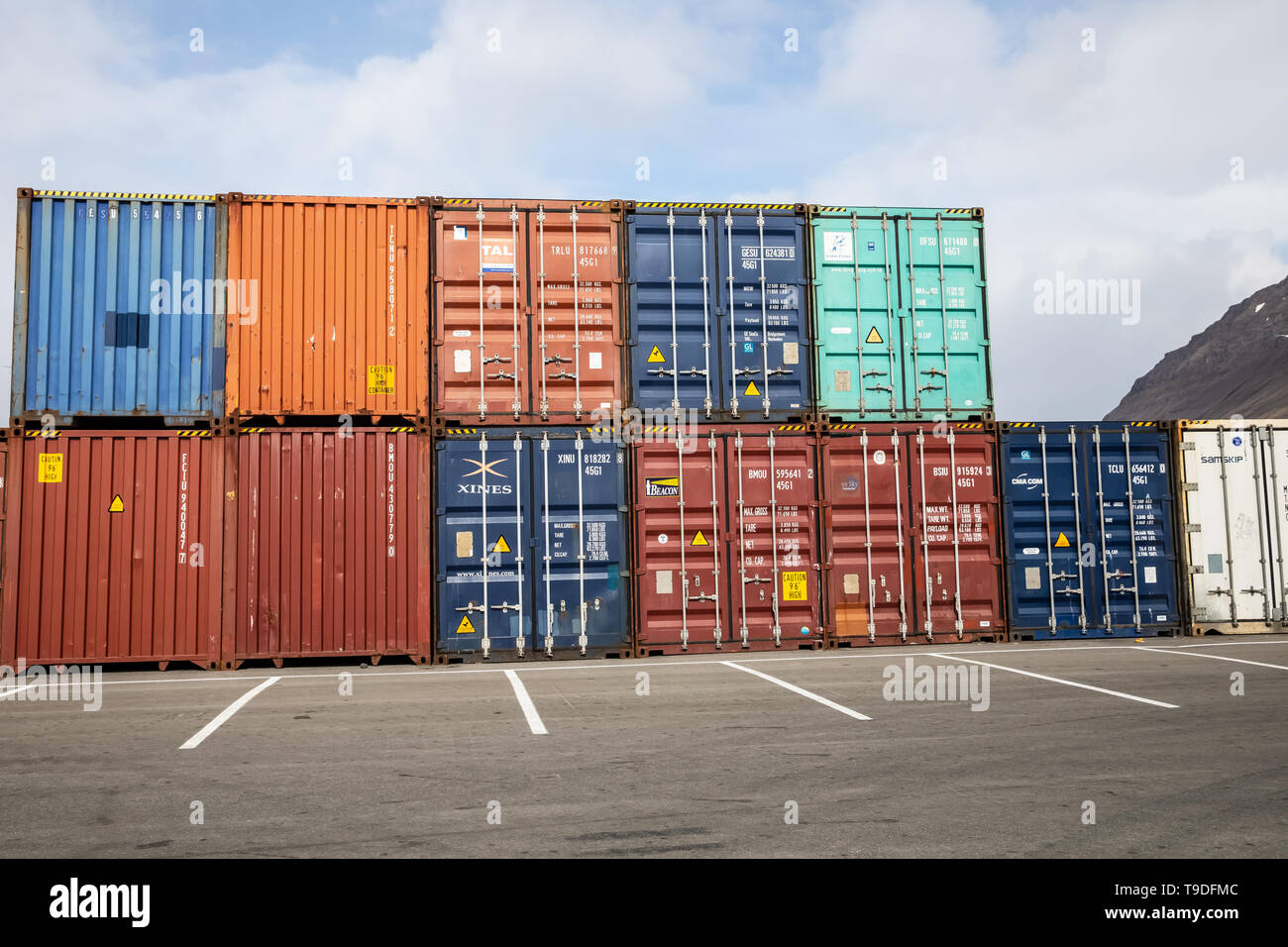 Stack of Containers at Ísafjörður port in Iceland Stock Photo - Alamy