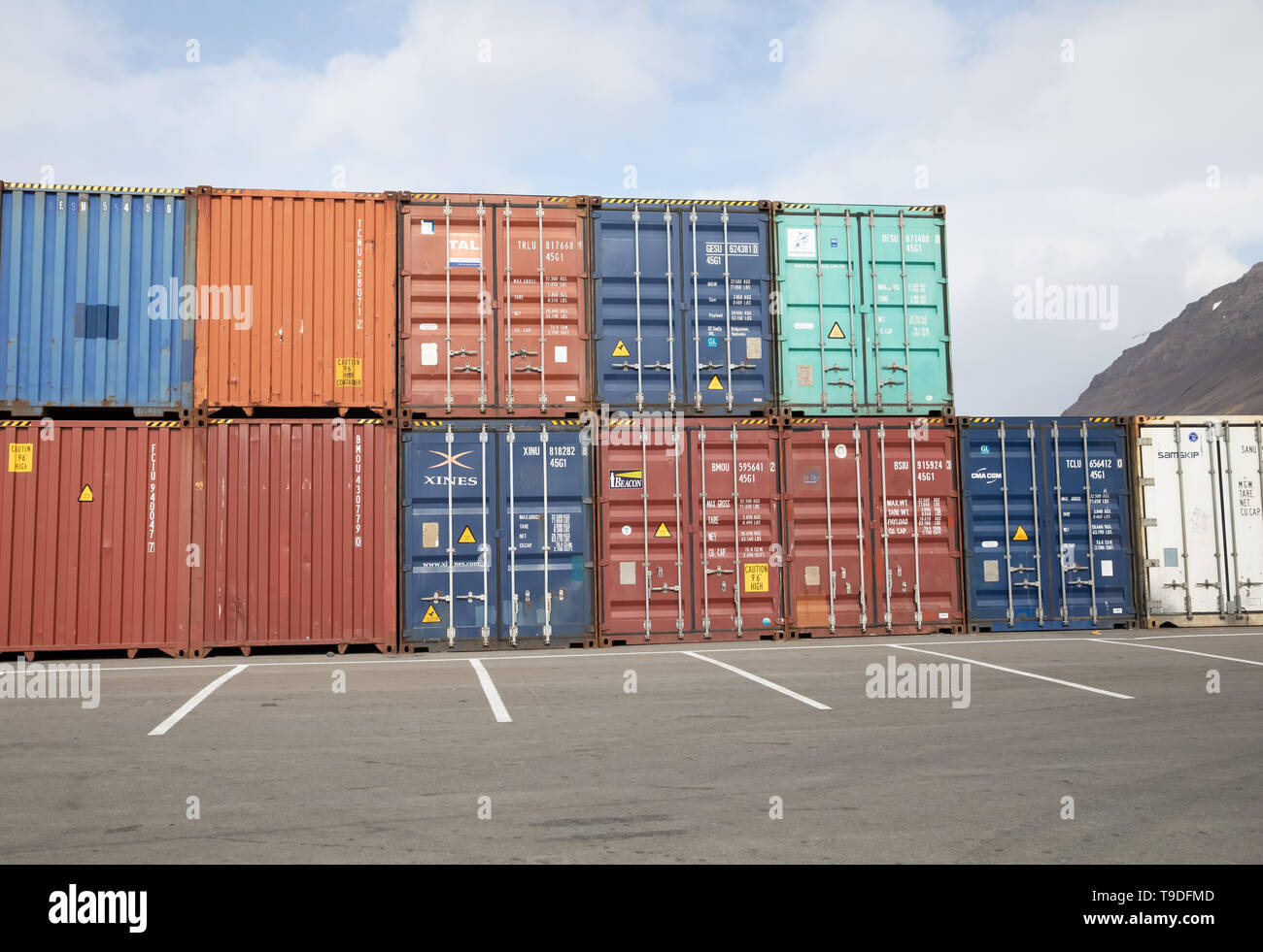Stack of Containers at Ísafjörður port in Iceland Stock Photo - Alamy