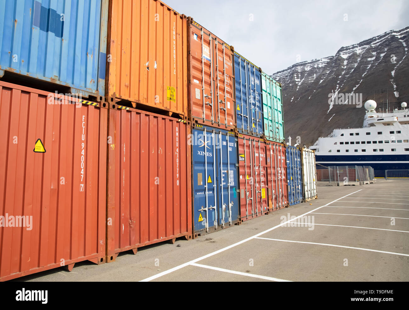Stack of Containers at Ísafjörður port in Iceland Stock Photo - Alamy