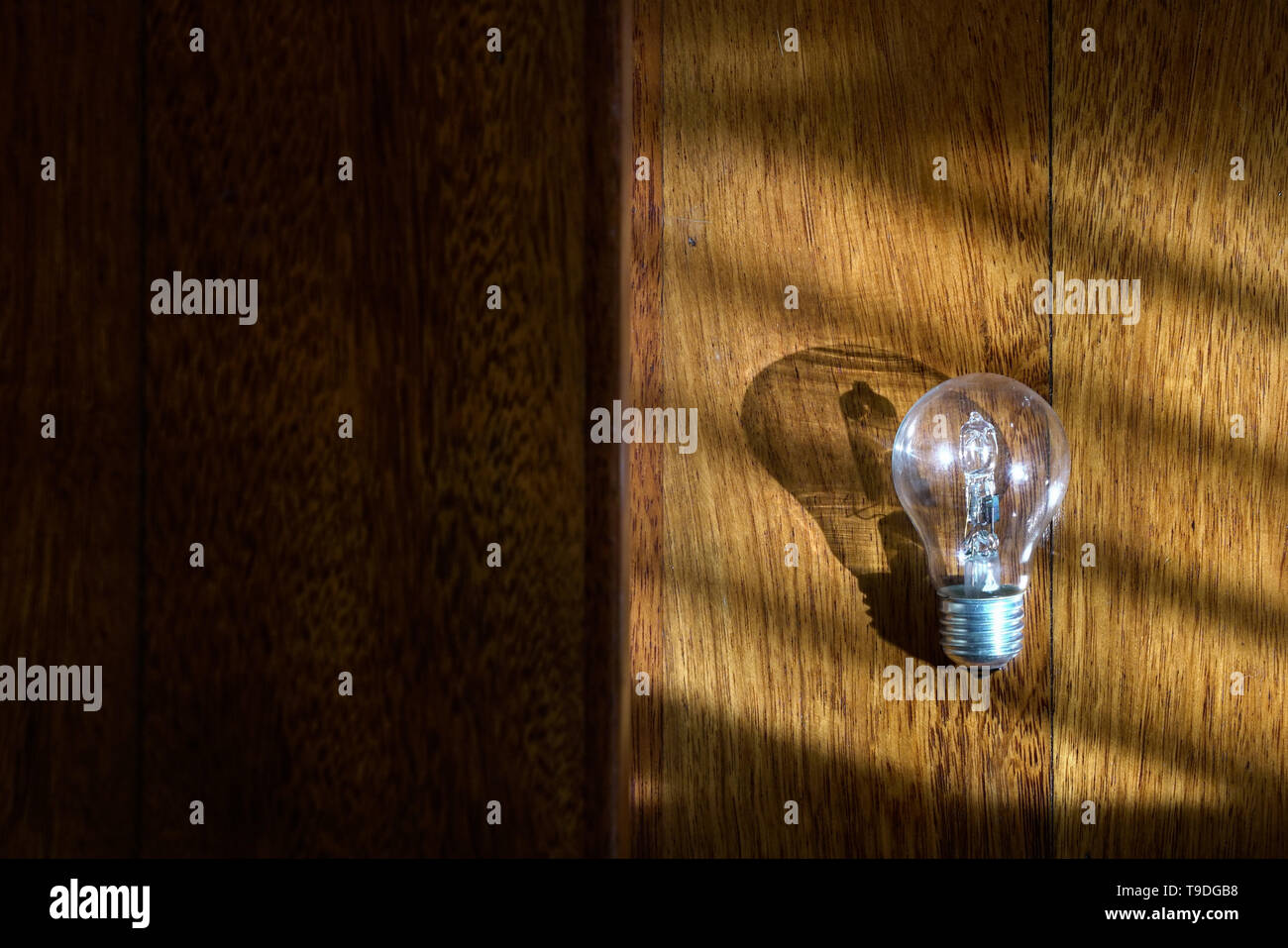 Light bulb and its shadow on wood background. New idea or creativity ...