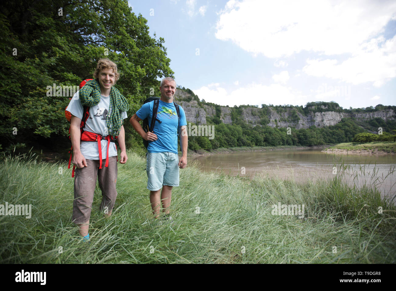 Two male climbers celebrate their successful climb at Lancaut cliffs on ...
