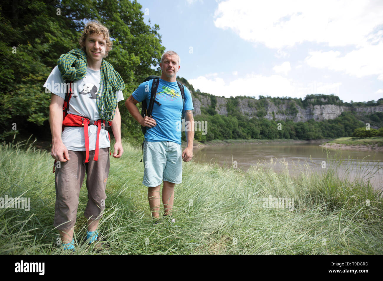 Two male climbers celebrate their successful climb at Lancaut cliffs on ...