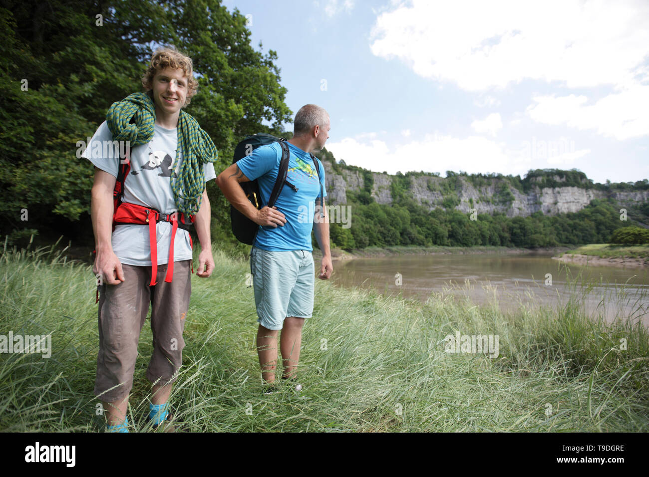 Two male climbers celebrate their successful climb at Lancaut cliffs on ...