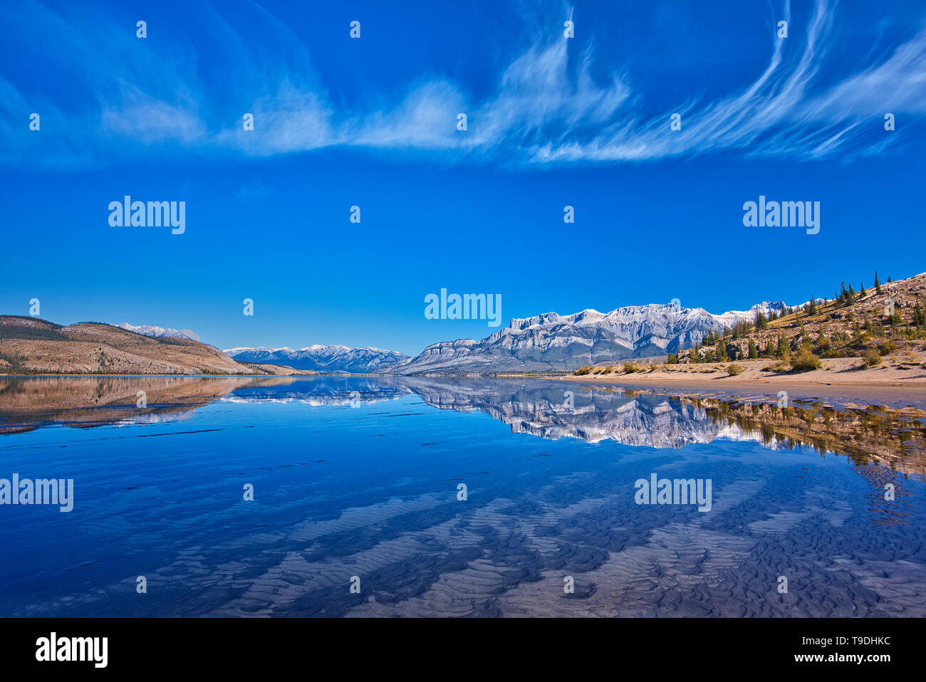 Jasper Lake (Athabasca River) and Roche Miette Jasper National Park ...