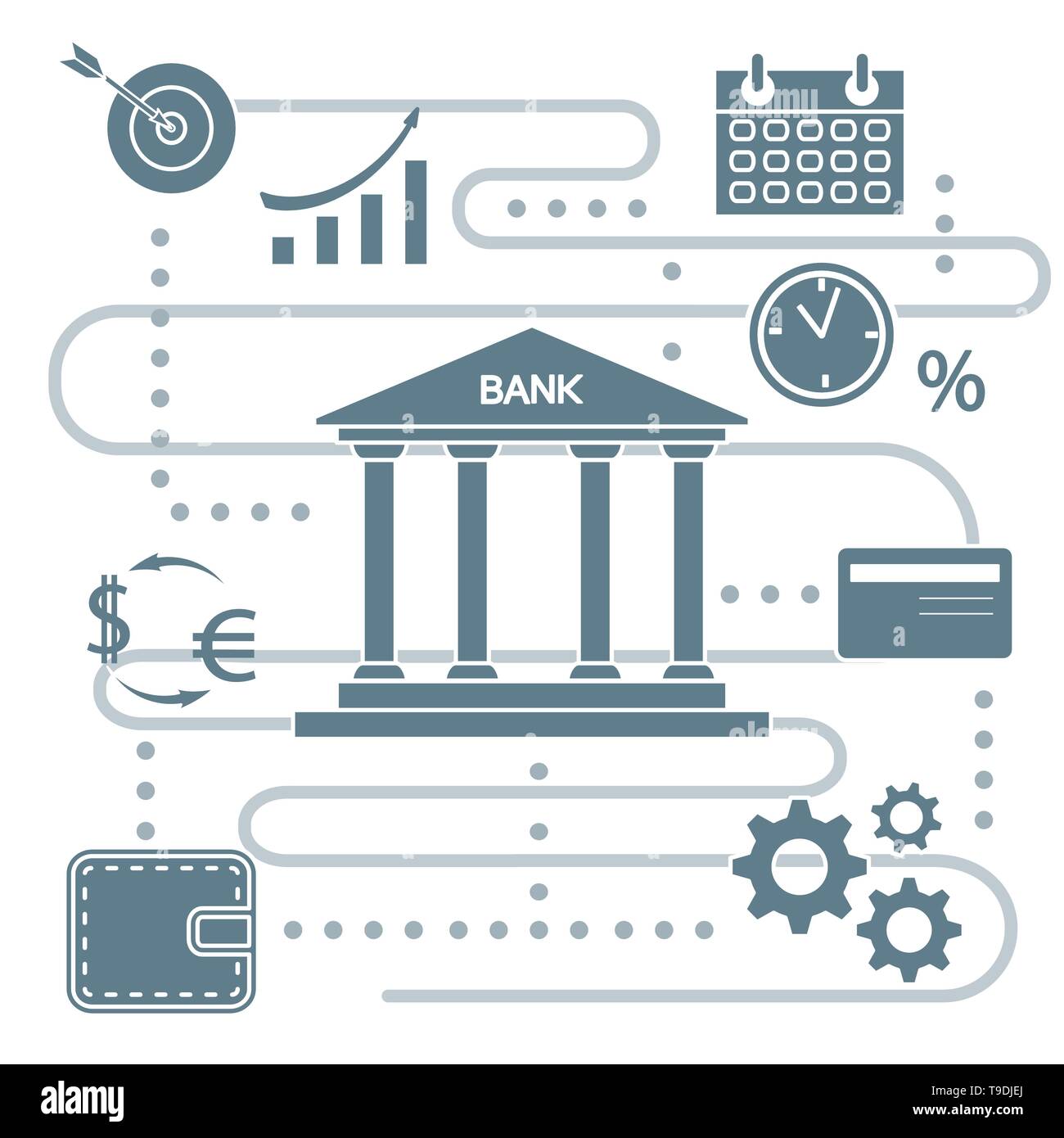 Vector illustration with banking line icon. Bank building, credit card ...