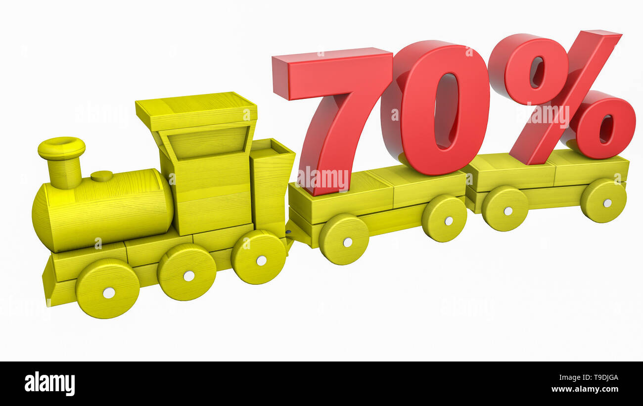three-dimensional numbers 70% on a wooden toy train. concept of ...