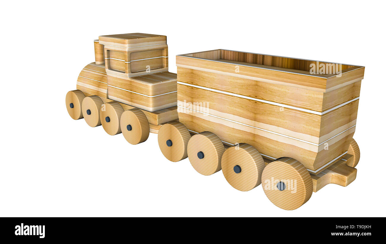 wooden train with wagons on a white. 3D rendering Stock Photo - Alamy