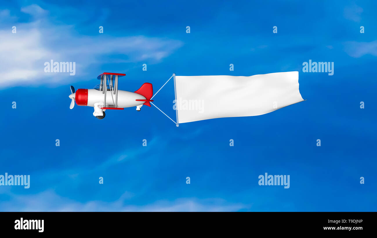 biplane in a blue sky with a white blank banner. 3D rendering Stock ...
