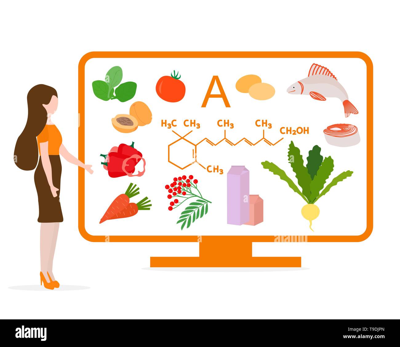 Vector illustration with woman and display showing healthy foods rich ...