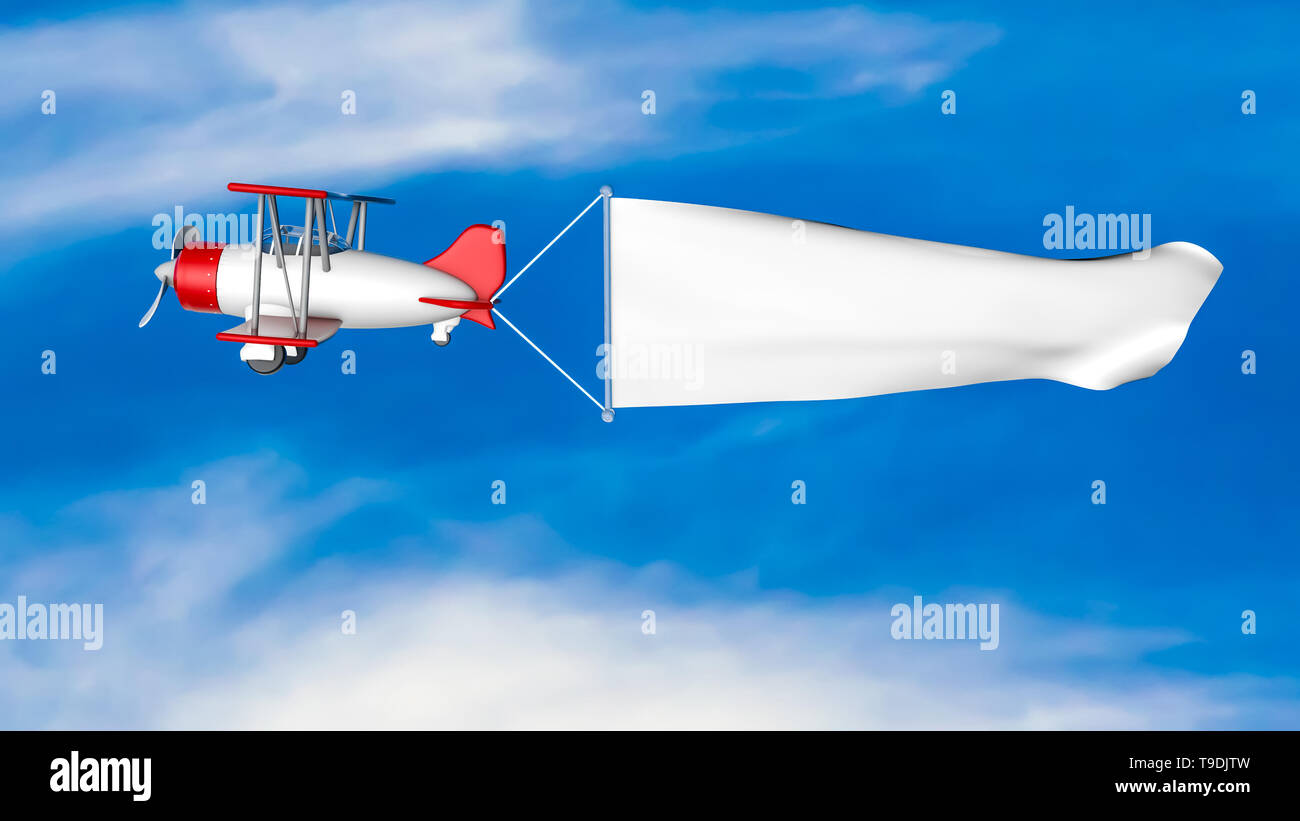 biplane in a blue sky with a white blank banner. 3D rendering Stock ...